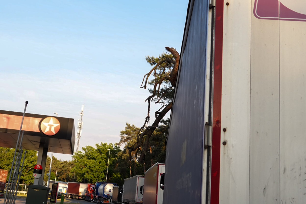 Boom valt op vrachtwagen langs A67 bij Asten, brandweer zet hoogwerker ...