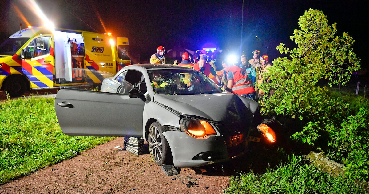 Bestuurster neemt bocht te ruim en rijdt frontaal tegen boom in Luyksgestel, traumaheli ...